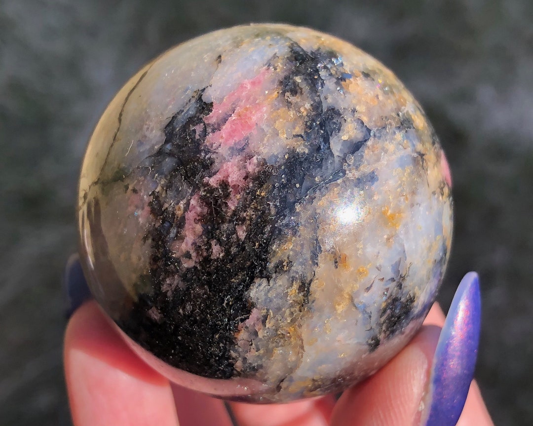 2" Gemmy Cherry Blossom Rhodonite Sphere With Blue Flash #5 Crystal ...