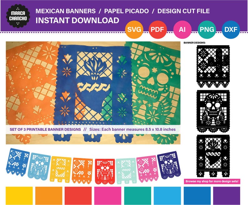 Papel Picado Banner SVG Bundle. 3 Printable Mexican Flags for Laser Cut ...