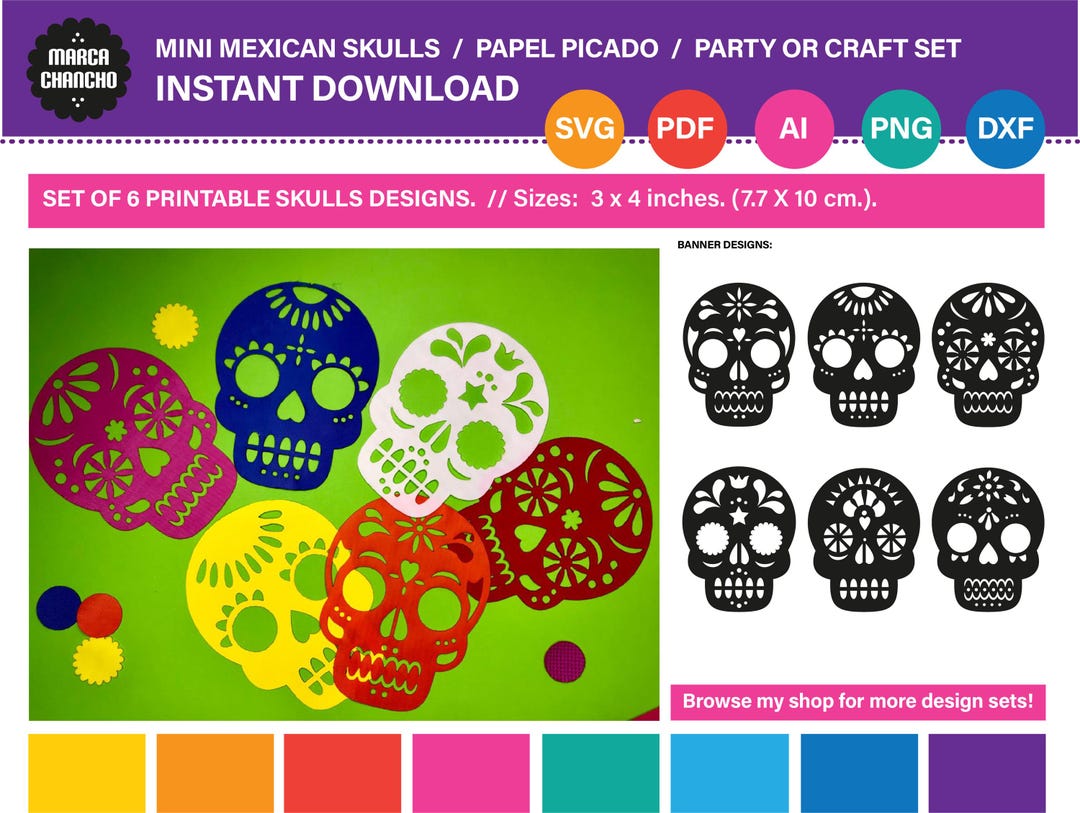 6 Sugar Skulls SVG Bundle - Papel Picado | Día De Los Muertos Bundle ...