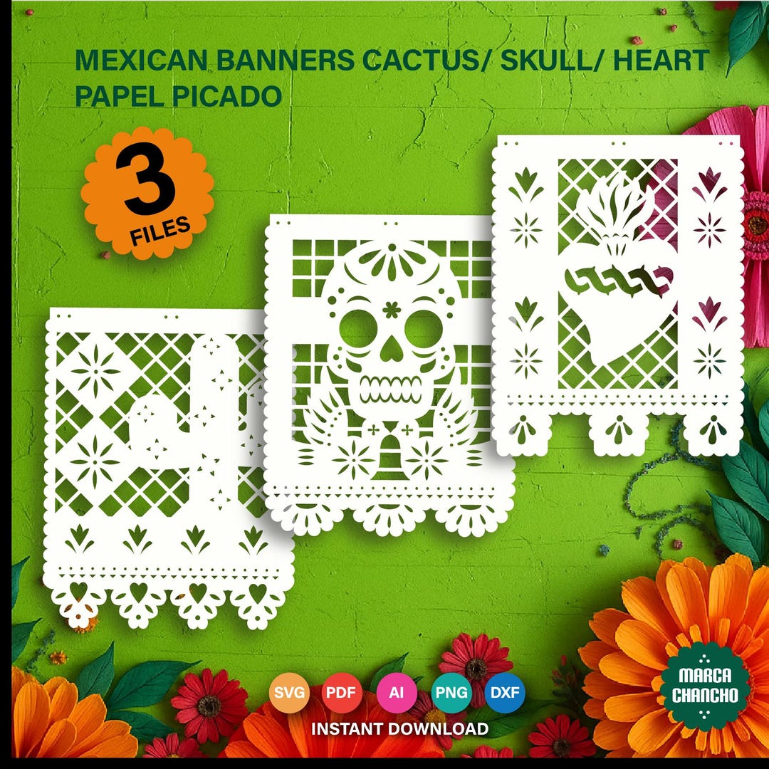 Papel Picado Banner SVG Bundle. 3 Printable Mexican Flags for Laser Cut ...