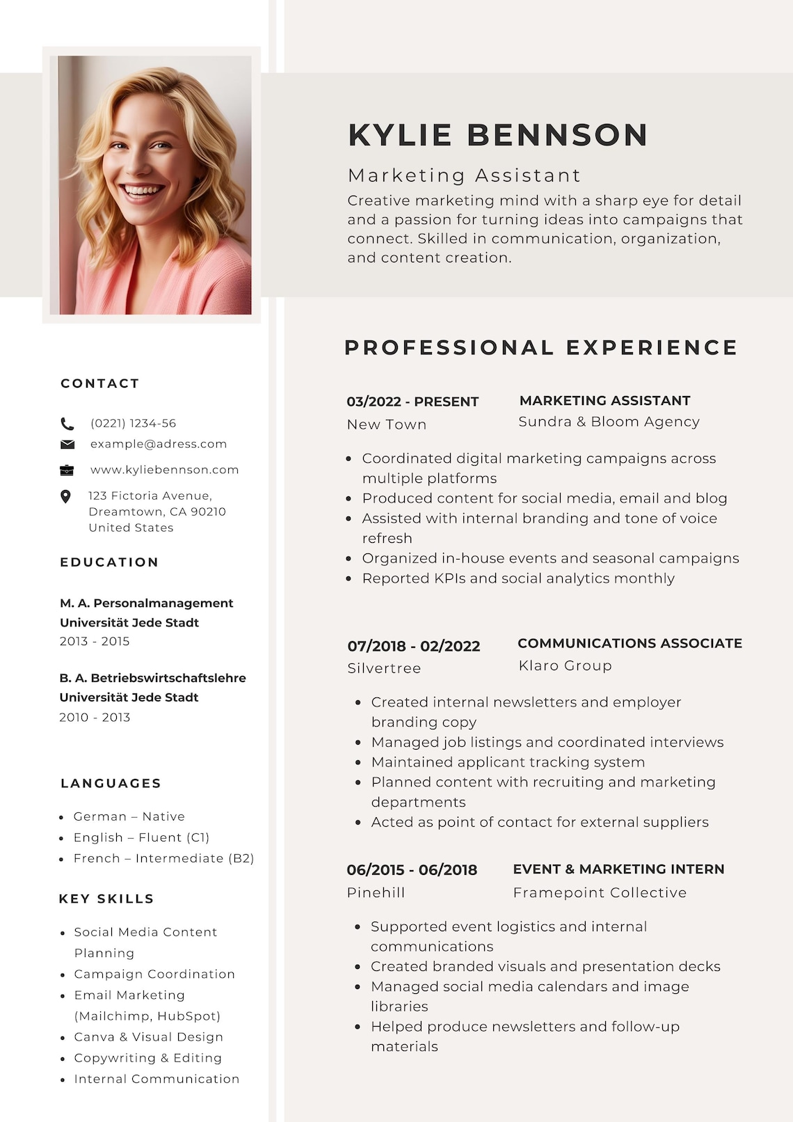 Beige Resume Template Canva – Minimalist Editable CV for Marketing ...