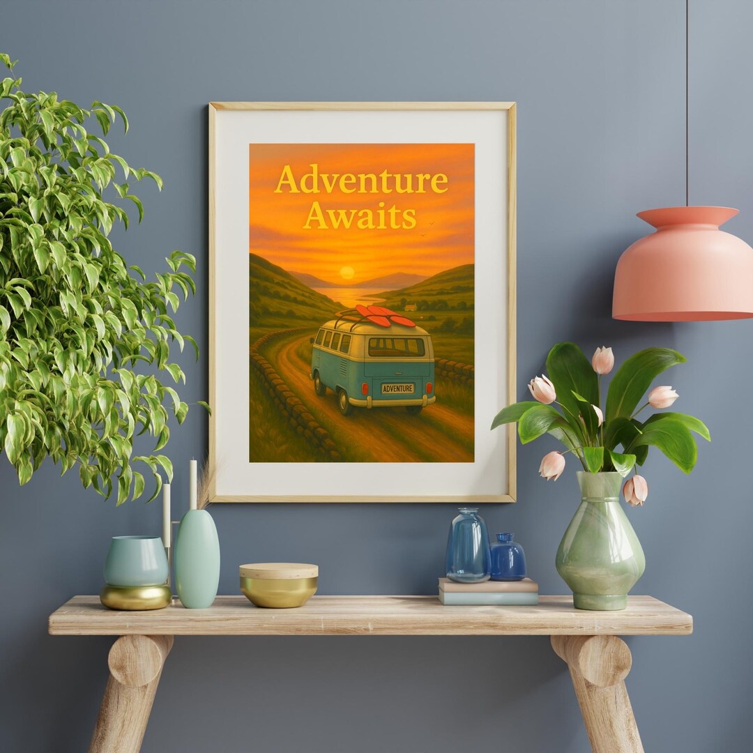 Adventure Awaits – Retro Camper Van Wall Art, Sunset Landscape ...