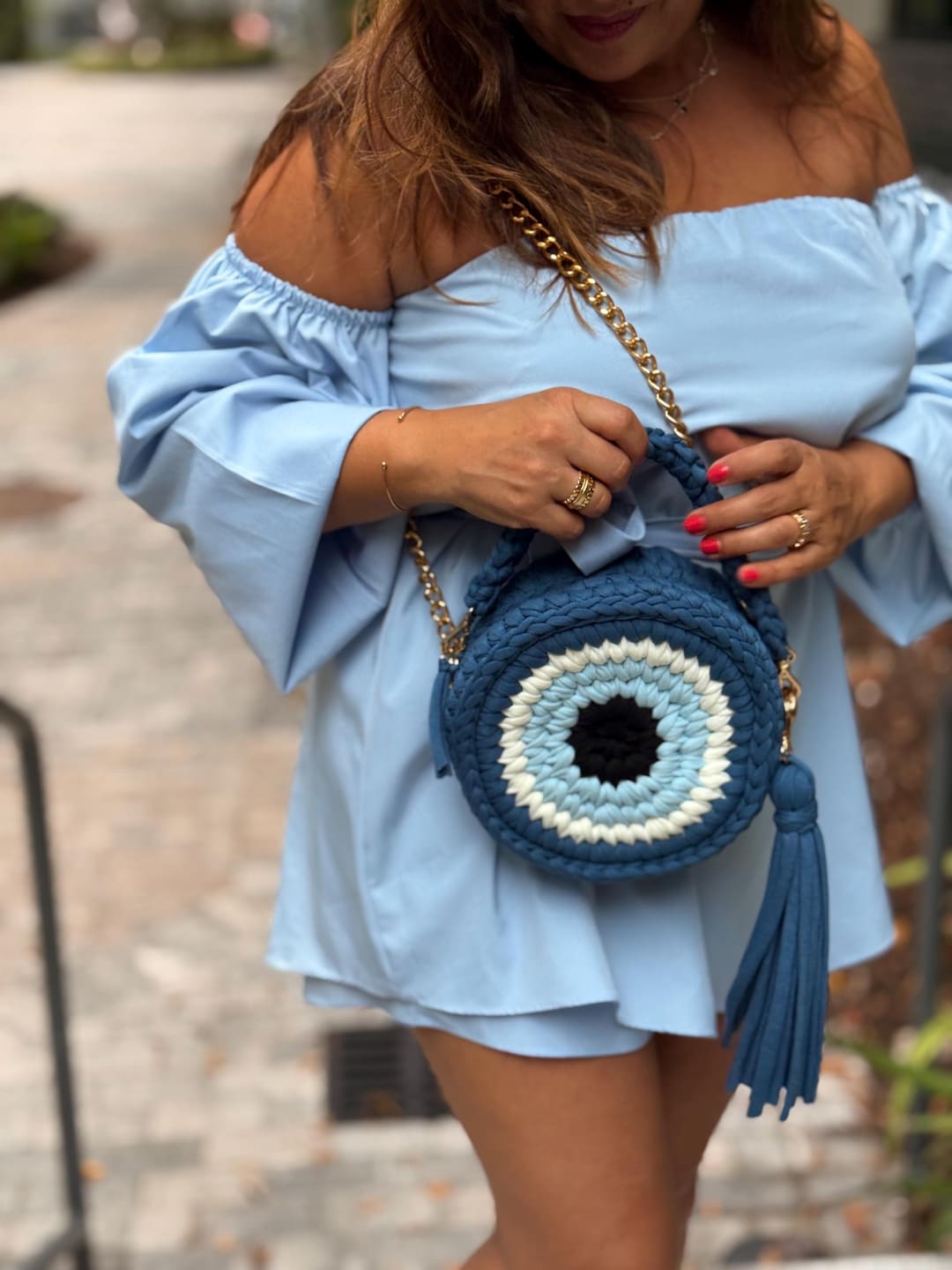 Handmade Crochet Evil Eye Bag: Boho Cotton Purse With Brass Chain - Etsy
