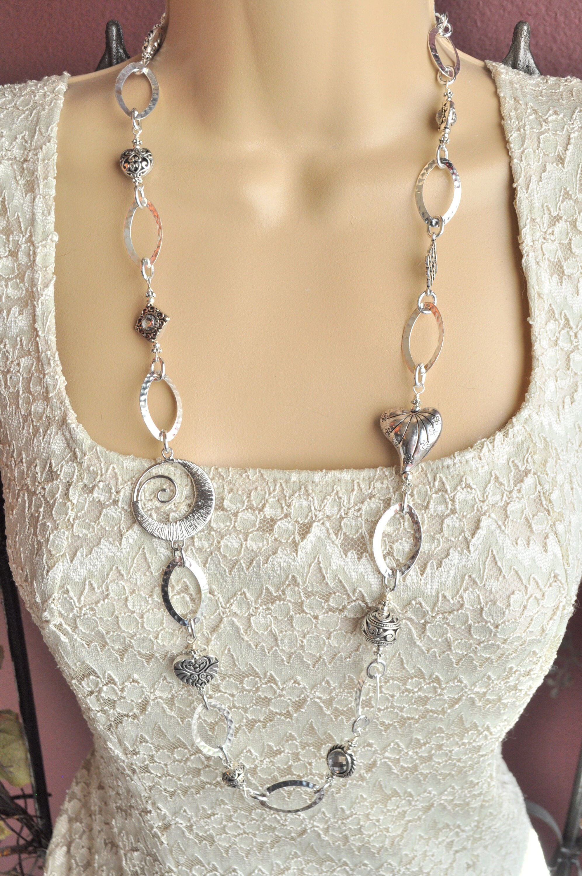 Long Silver Necklace and Earring Set | Etsy