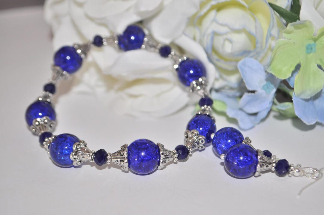 Sapphire Blue Crackle Glass Bracelet and Earring Set - Etsy