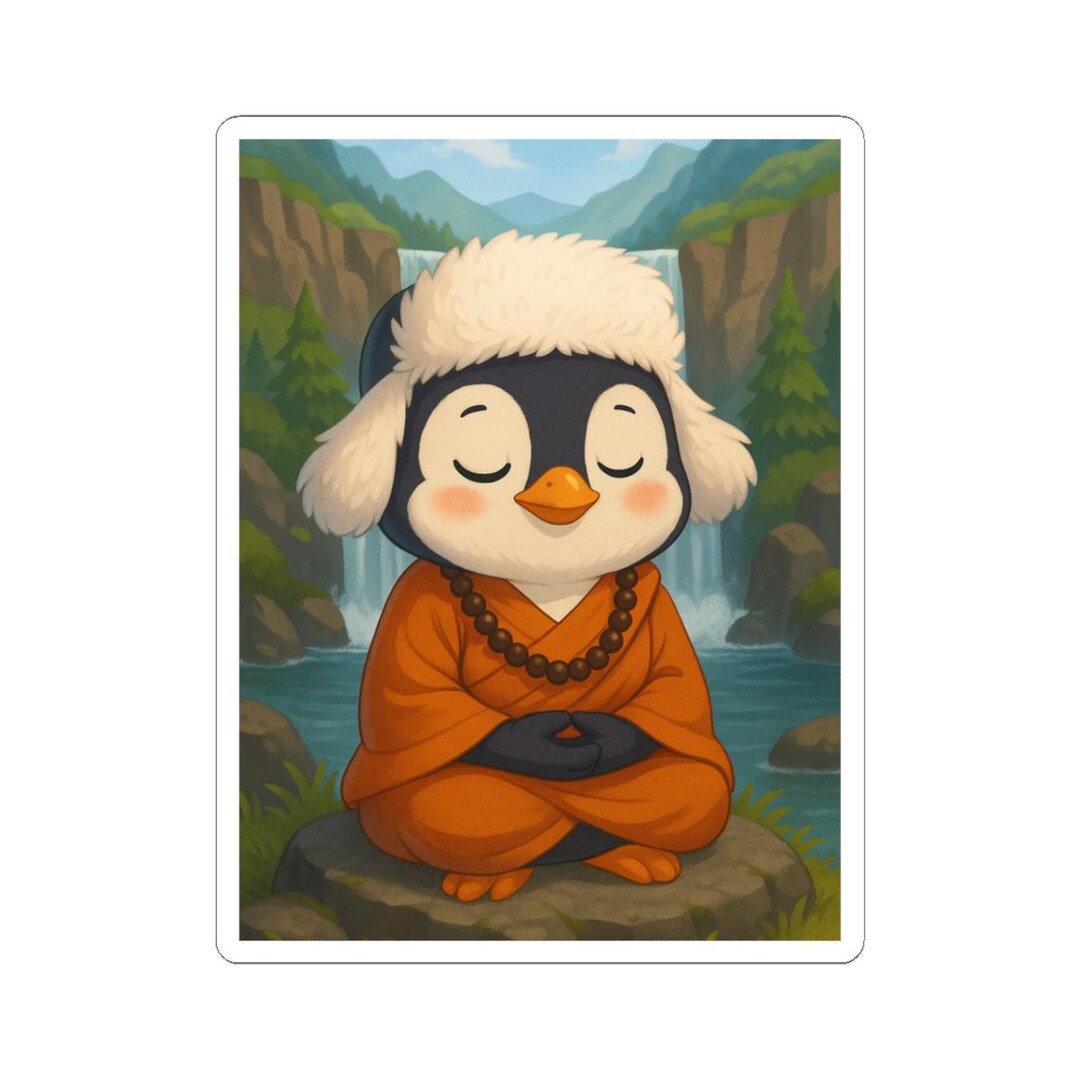 Cute Monk Penguin Sticker | Funny Zen Vinyl Decal | Kawaii Yoga Animal ...