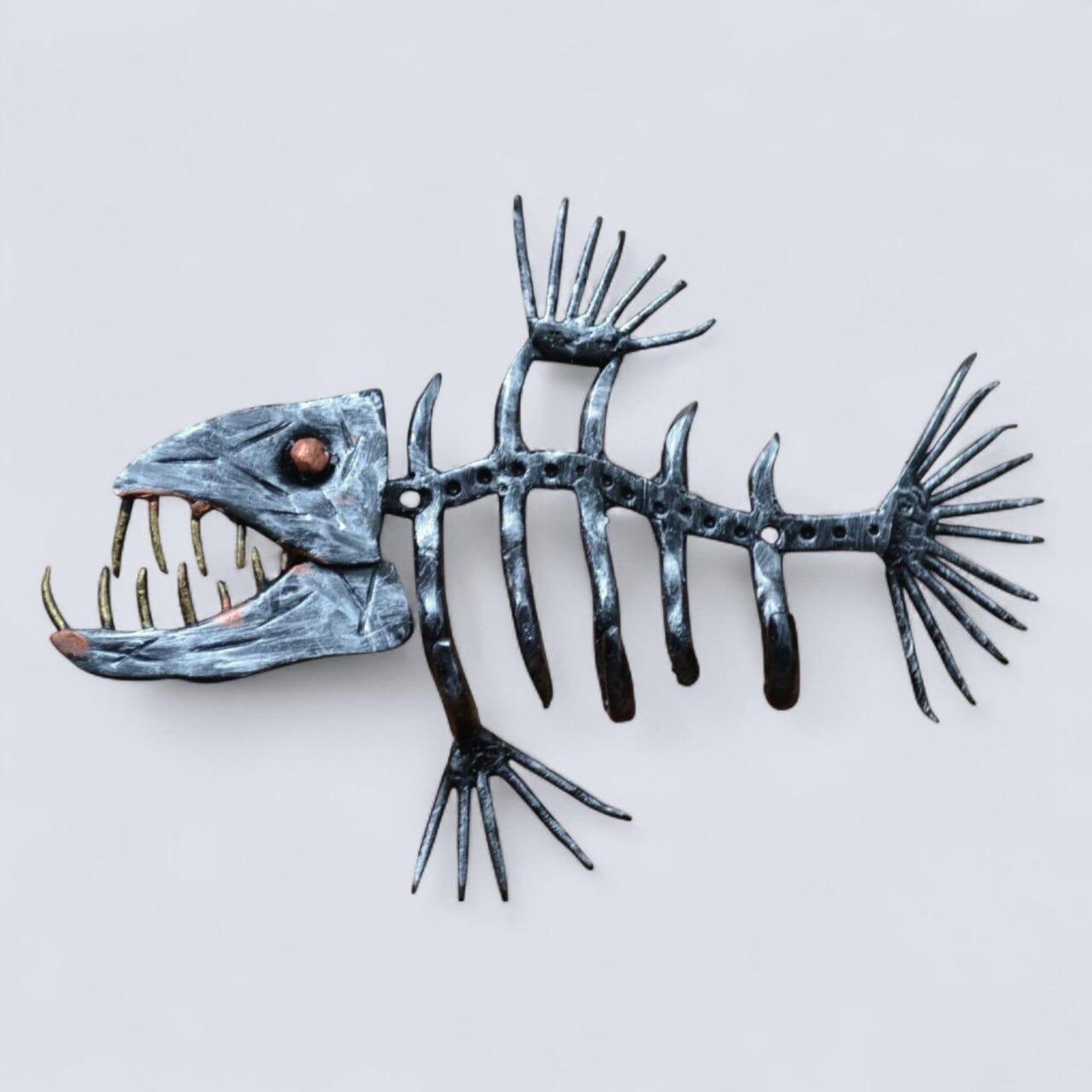 Metal Wall Hooks Set – 2 Fish Skeleton Hooks – Piranha Style Wall Art ...