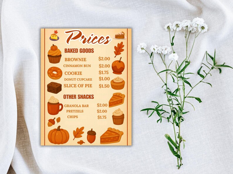 Autumn Bake Price List Template, Editable Canva Design (digital ...