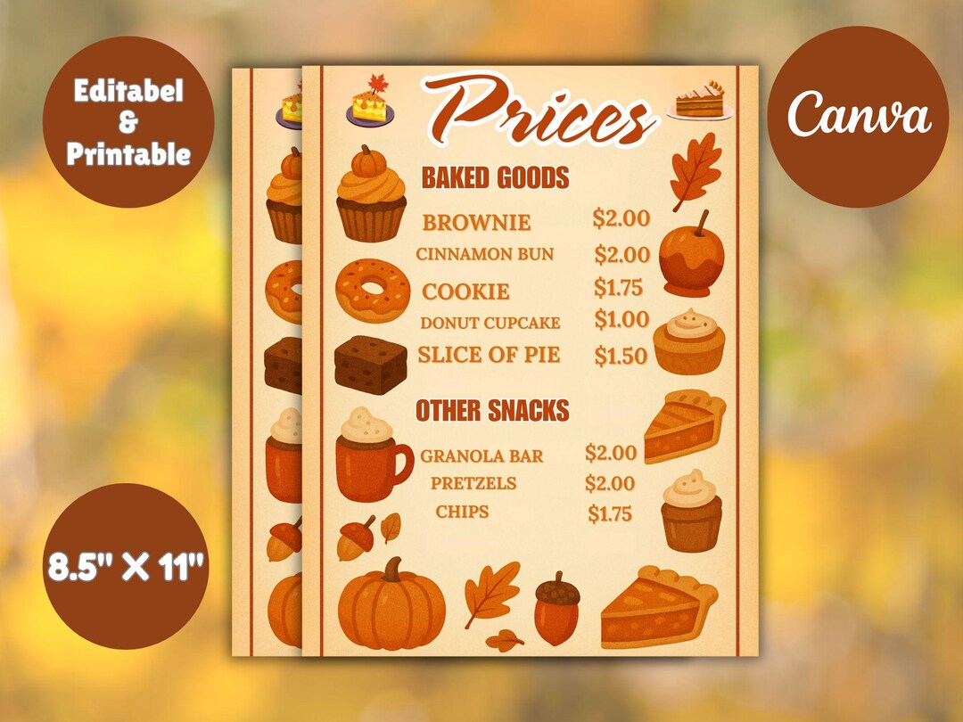 Autumn Bake Price List Template, Editable Canva Design (digital ...