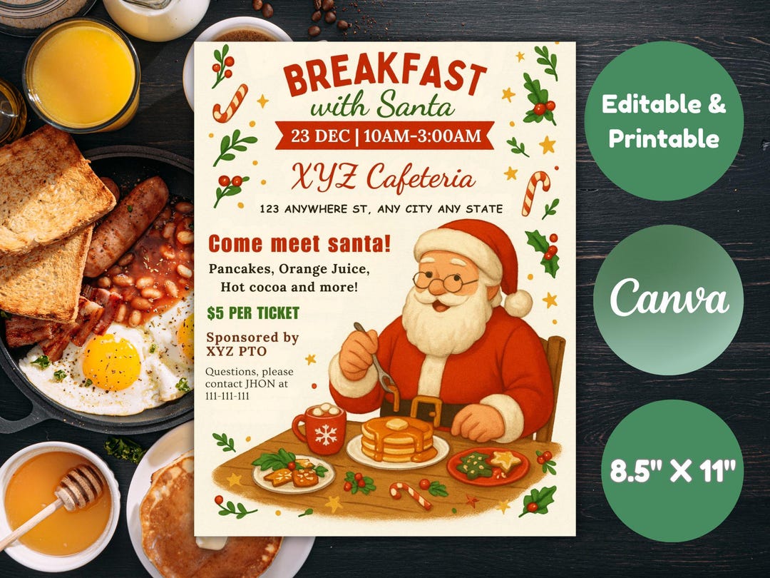 Breakfast With Santa Flyer | Holiday Brunch Invitation (canva Digital ...