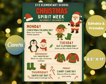 Editable Christmas Spirit Week Itinerary: School Holiday Planner (CANVA ...