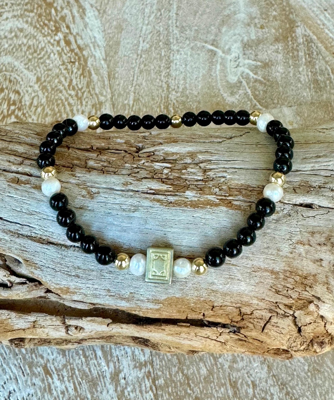 Mahjong Bracelet- 4 Mm Black Onyx Beads With Non Tarnish Brass Mahjong ...