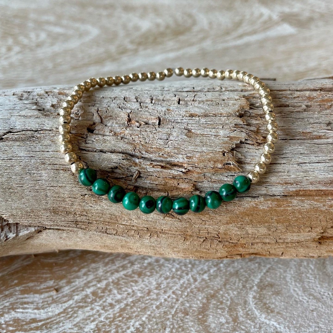 Malachite 14k Gold Filled Bead Stretch Malachite Bracelet 14k Gold Filled 3 Mm Beads + 4 Mm Semi ...