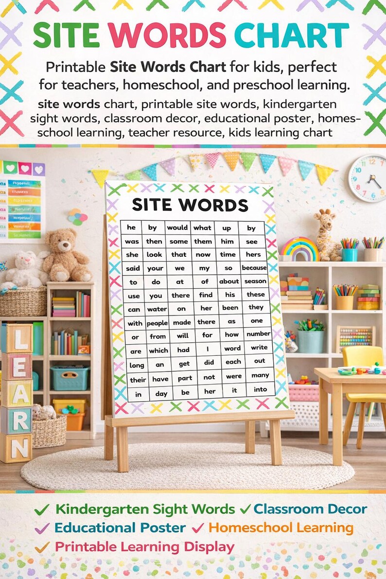 Kindergarten Sight Words Chart | Classroom, Homeschool Decor (digital ...