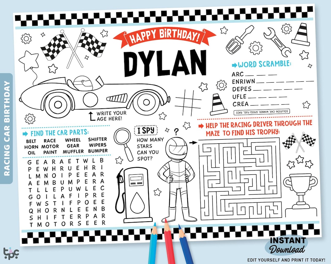 Editable Racing Car Party Placemat | Fast One Racing Car Worksheet ...