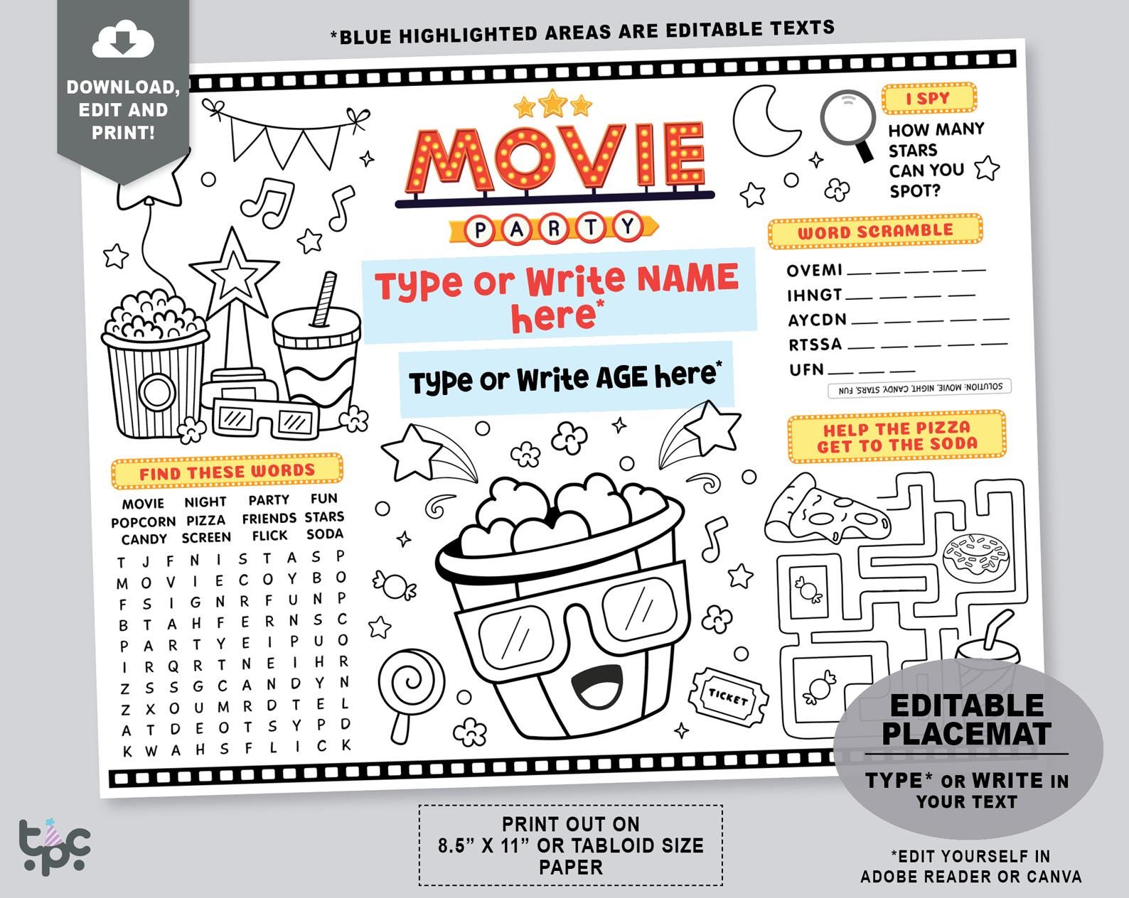 Editable Movie Party Birthday Placemat | Printable Movie Night Coloring ...