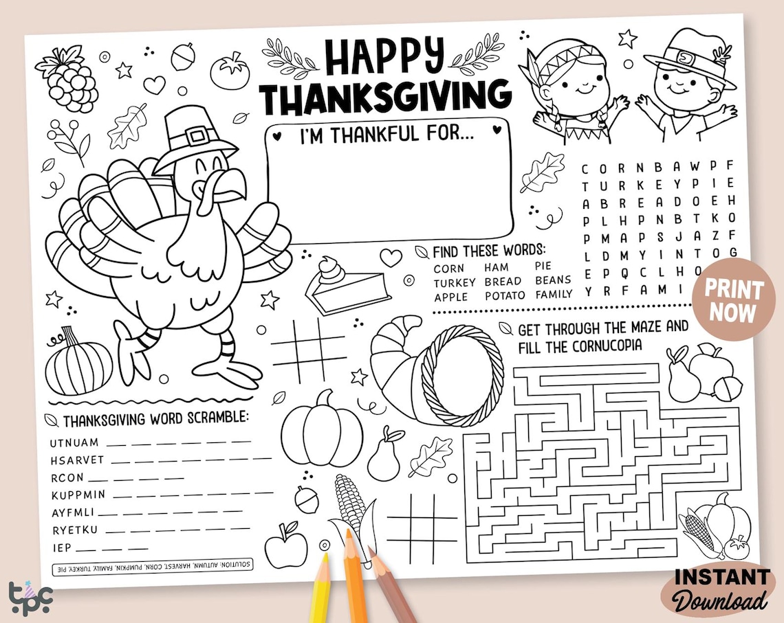 Thanksgiving Coloring Placemat: Printable Kids' Gratitude Activity ...