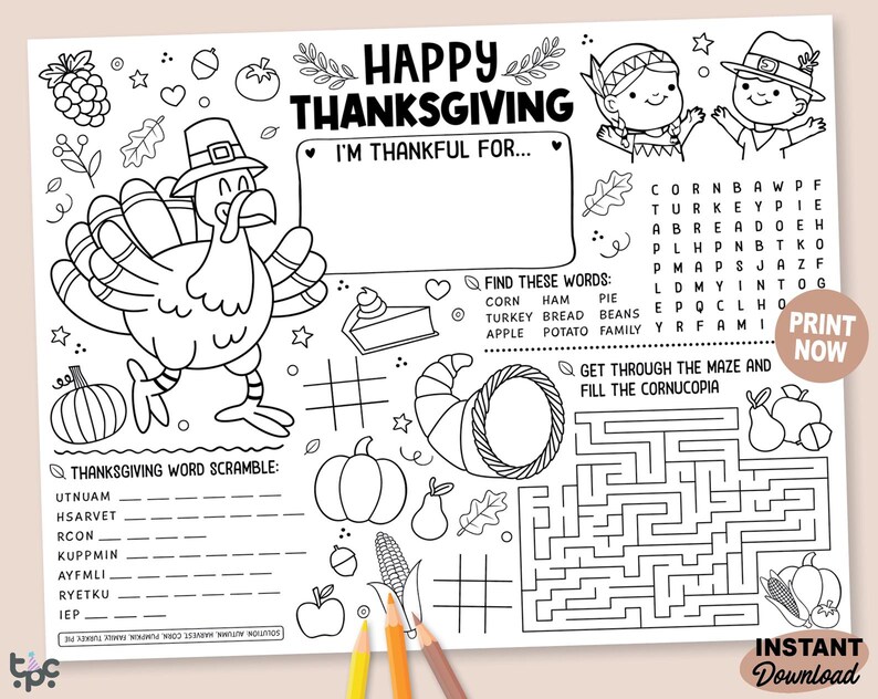 Thanksgiving Coloring Placemat: Printable Kids' Gratitude Activity ...