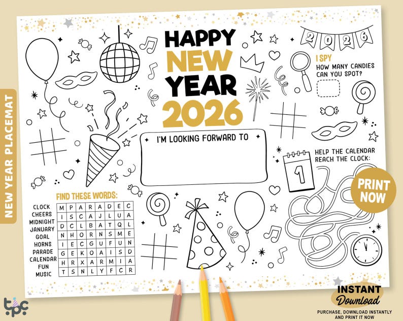 Printable New Years 2026 Placemat | New Years Eve Activity Sheet | My ...