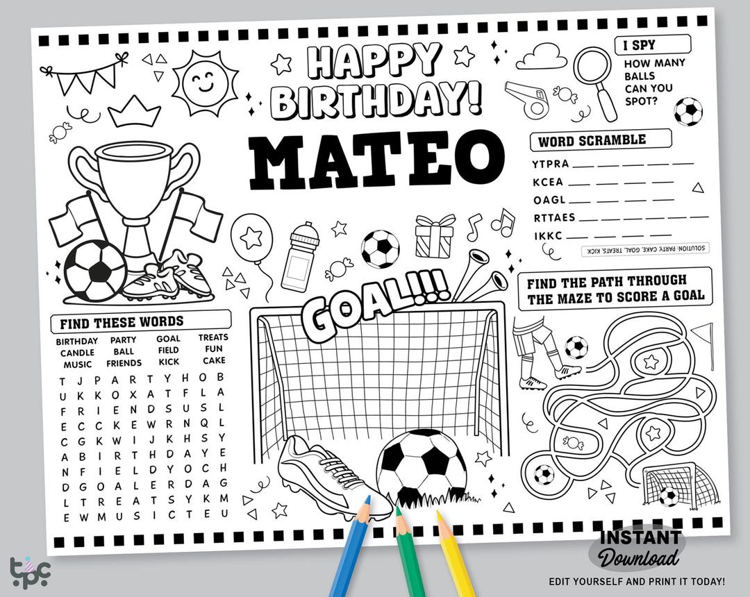 Editable Soccer Party Placemat | Printable Football Birthday Coloring ...