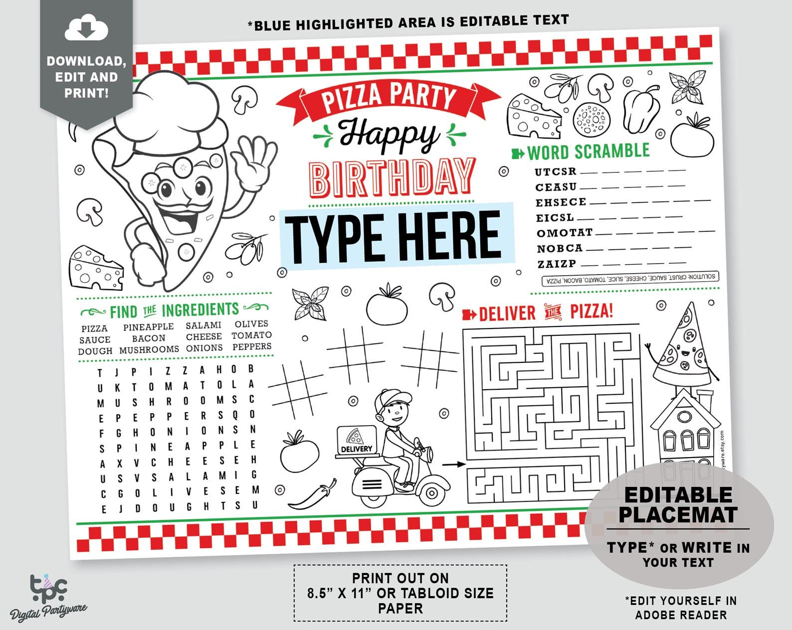 Editable Pizza Party Placemat | Printable Italian Dinner Party Coloring ...