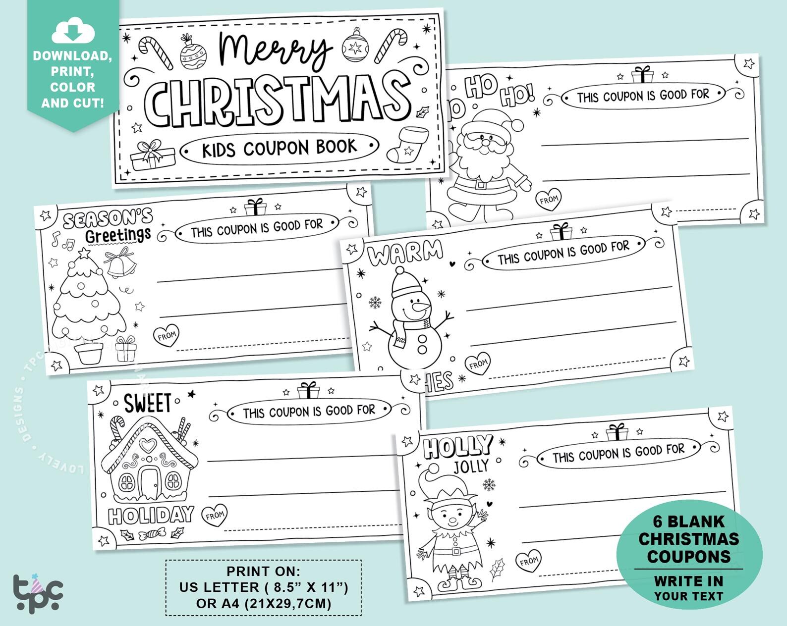 Christmas Coupon Book | Printable Kids Gift Ticket Coloring Page | Fill ...