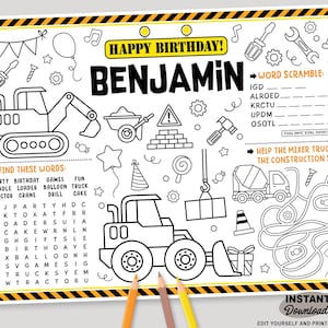 Editable Construction Party Placemat | Printable Trucks and Tractor ...