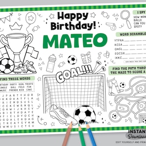 Editable Soccer Party Placemat | Printable Football Birthday Coloring ...