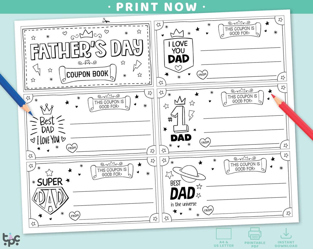 Father's Day Coupon Book | Printable Kids Gift Dad Coloring Page | Fill ...
