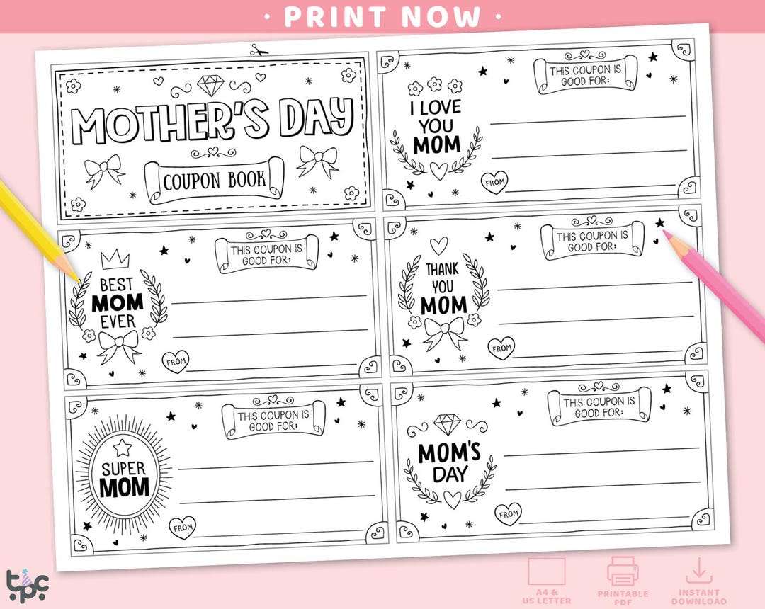 Mother's Day Coupon Book | Printable Kids Gift Mom Coloring Page | Fill ...