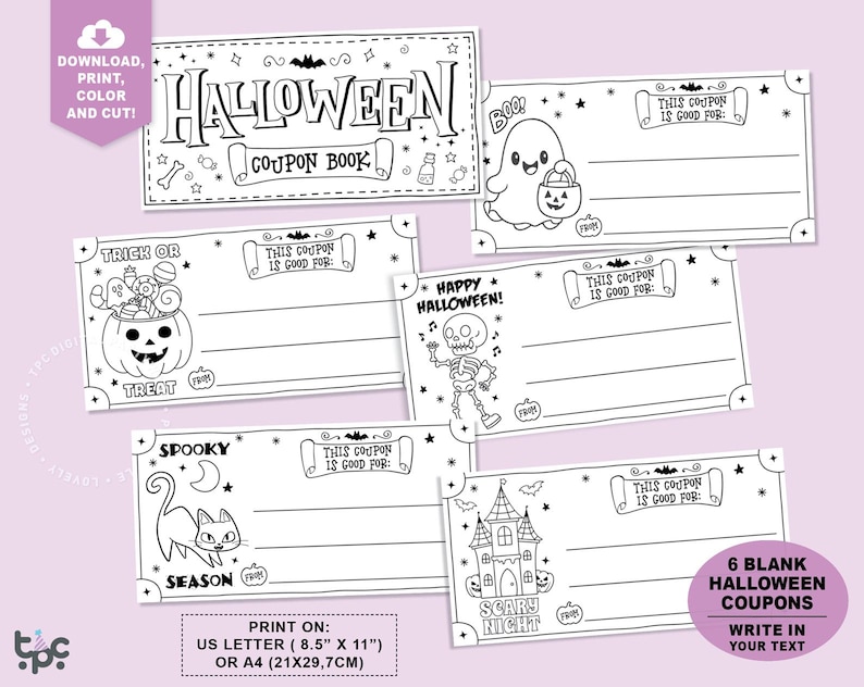 Halloween Coupon Book | Printable Kids Gift Ticket Coloring Page | Fill ...