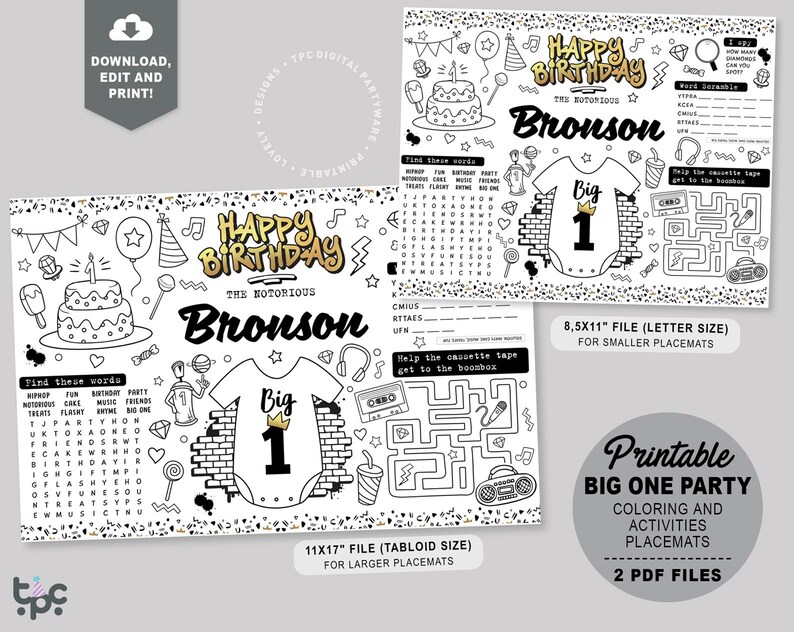 The Notorious Birthday Party Placemat | Printable Big One Kids Coloring ...