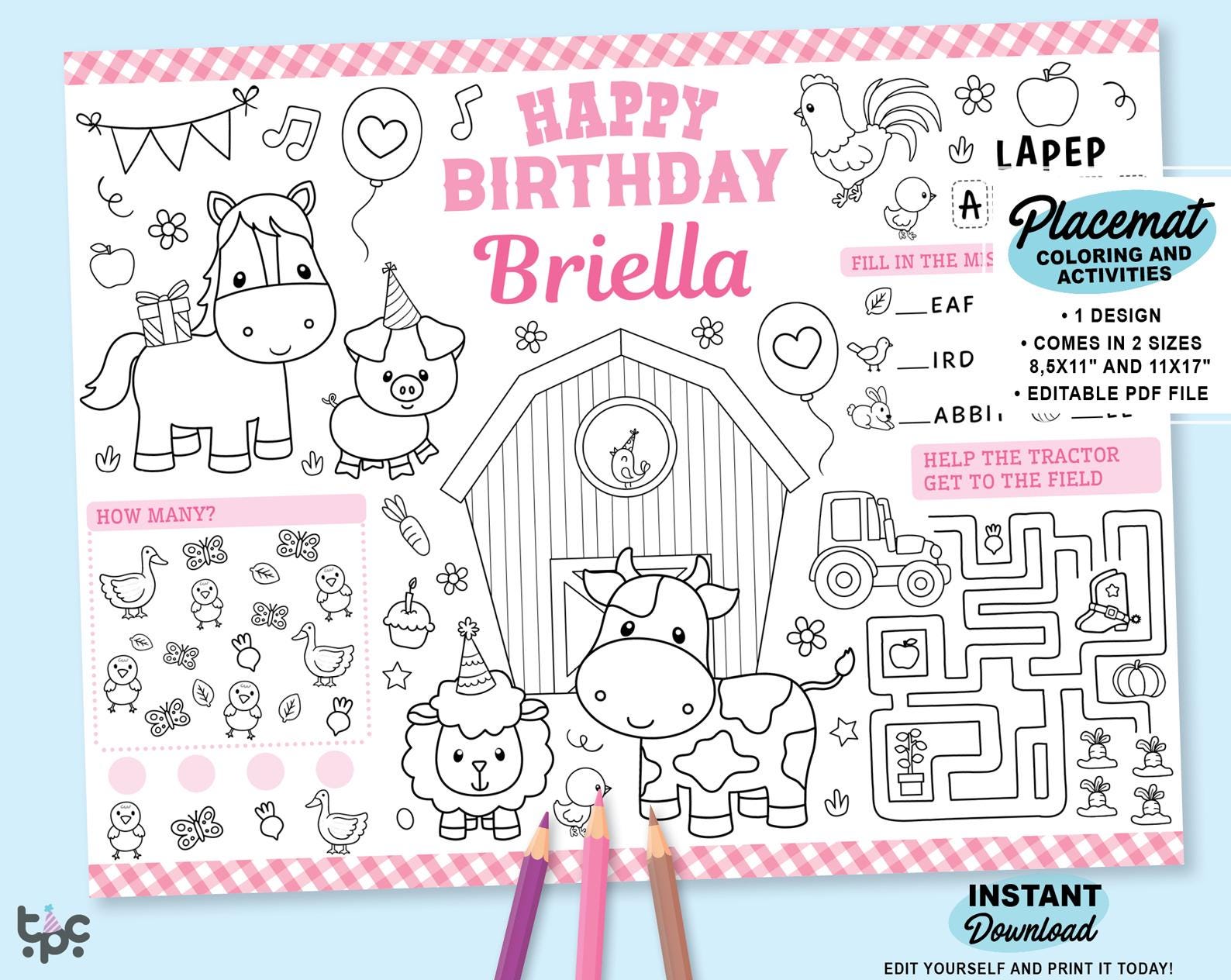 EDITABLE Pink Farm Party Coloring Placemat | Printable Cowgirl Birthday ...