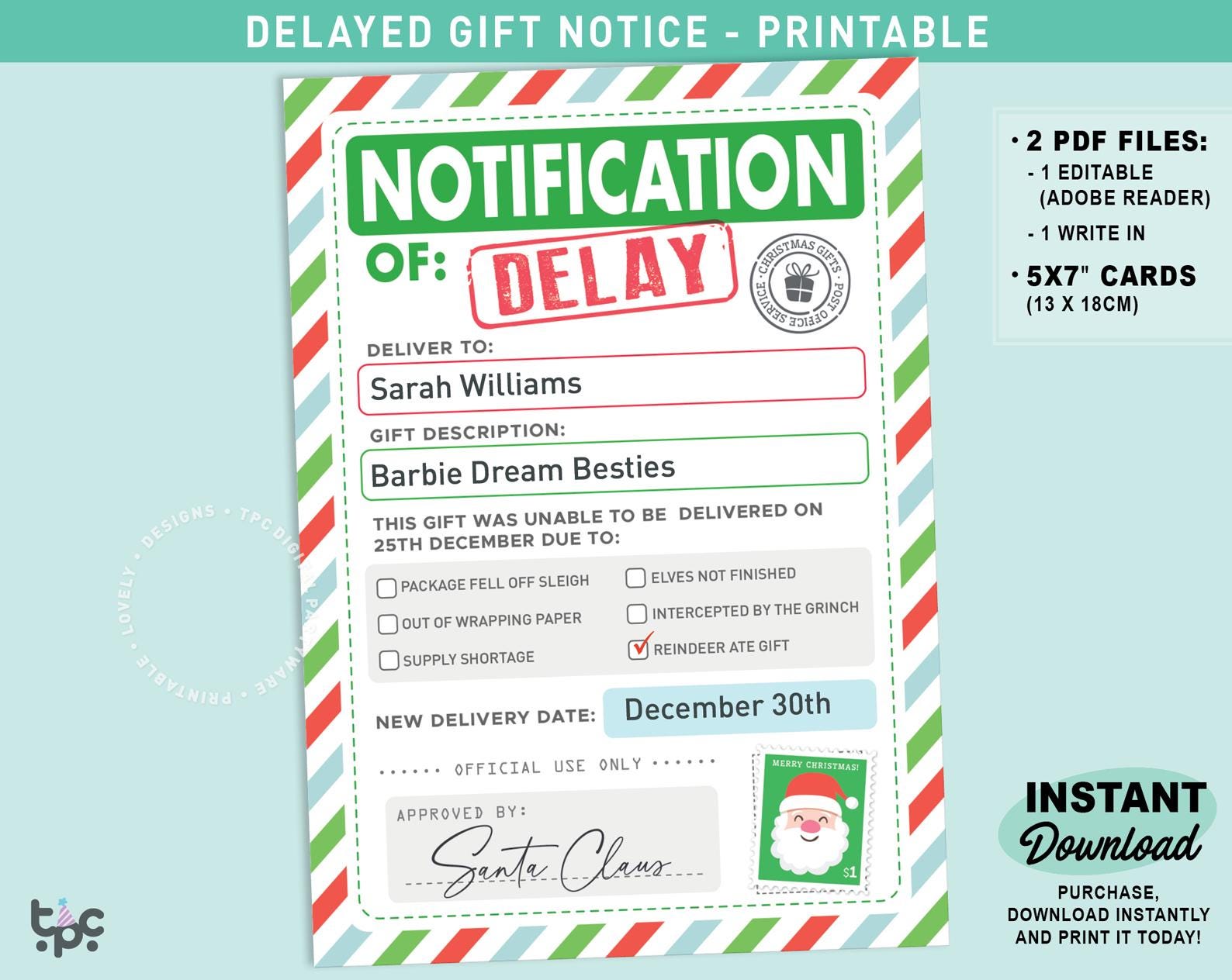 Late Gift Letter From Santa, Editable Notification of Delay Christmas ...