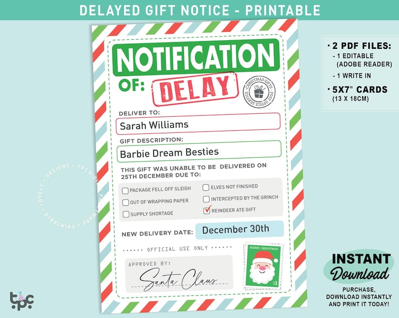 Late Gift Letter From Santa, Editable Notification of Delay Christmas ...