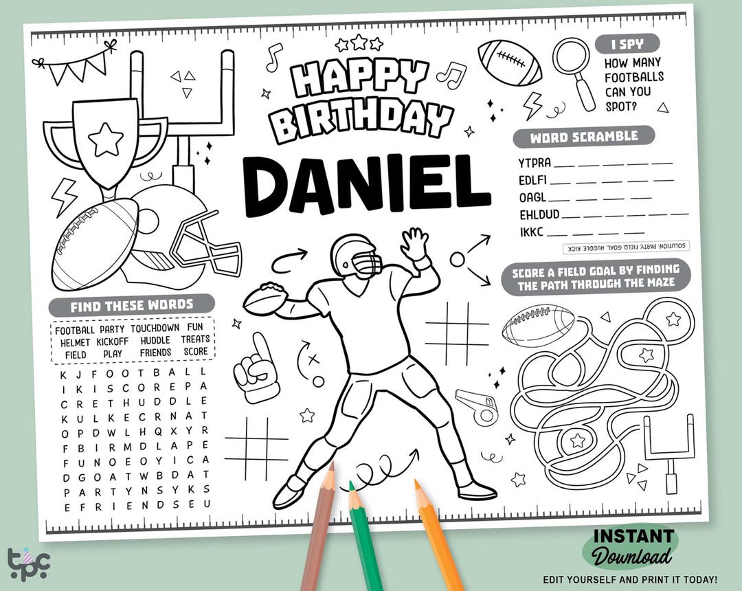 Editable Football Party Placemat | Printable Game Night Coloring Page ...
