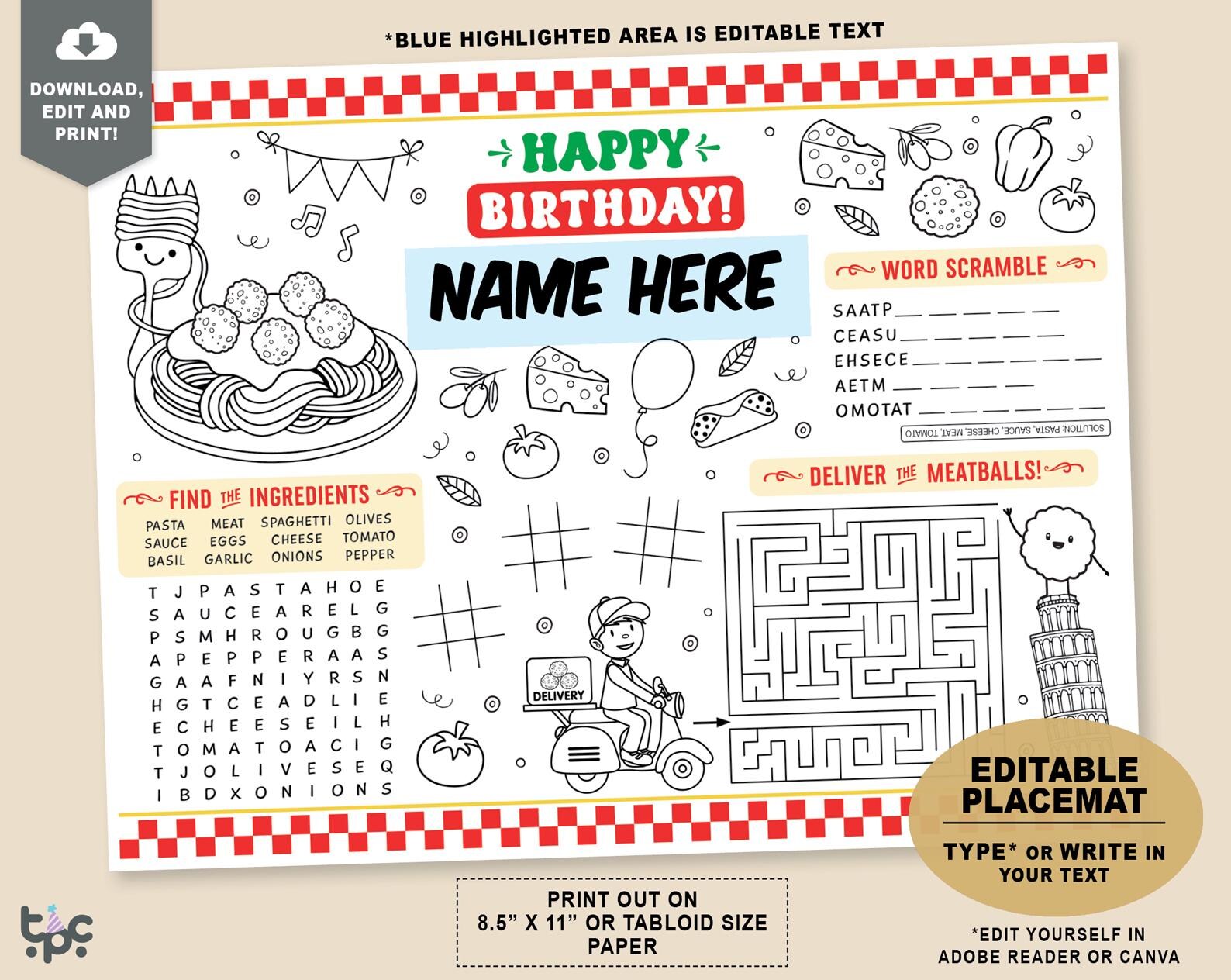 Editable Meatball Party Placemat | Printable Italian Party Coloring ...