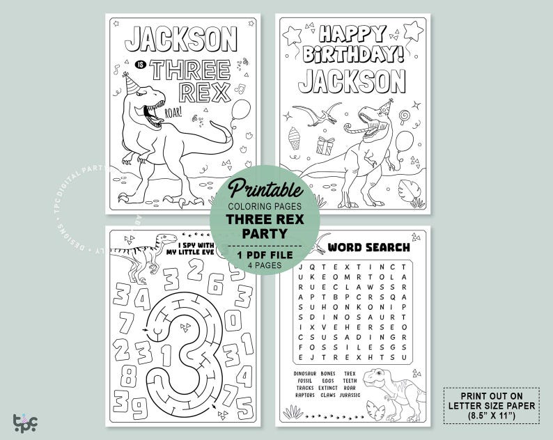 Editable Three Rex Birthday Activity Sheet | Trex Dinosaur Party Theme ...