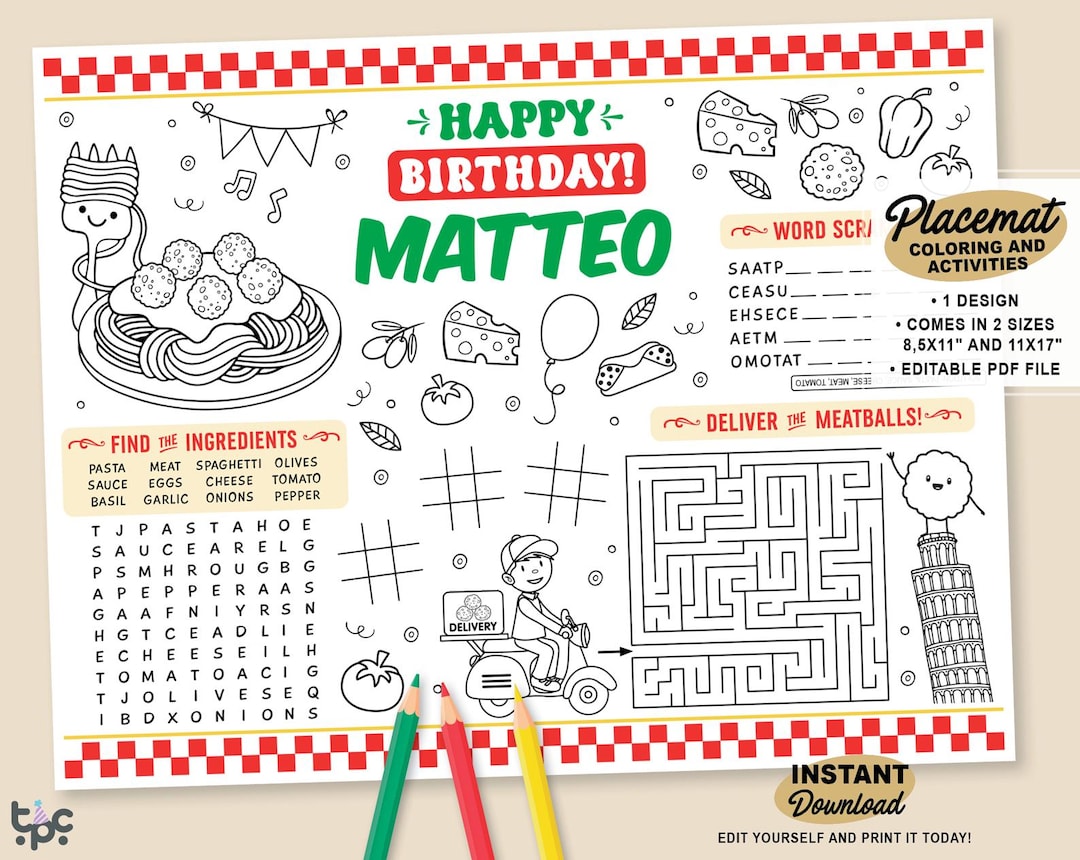 Editable Meatball Party Placemat | Printable Italian Party Coloring ...
