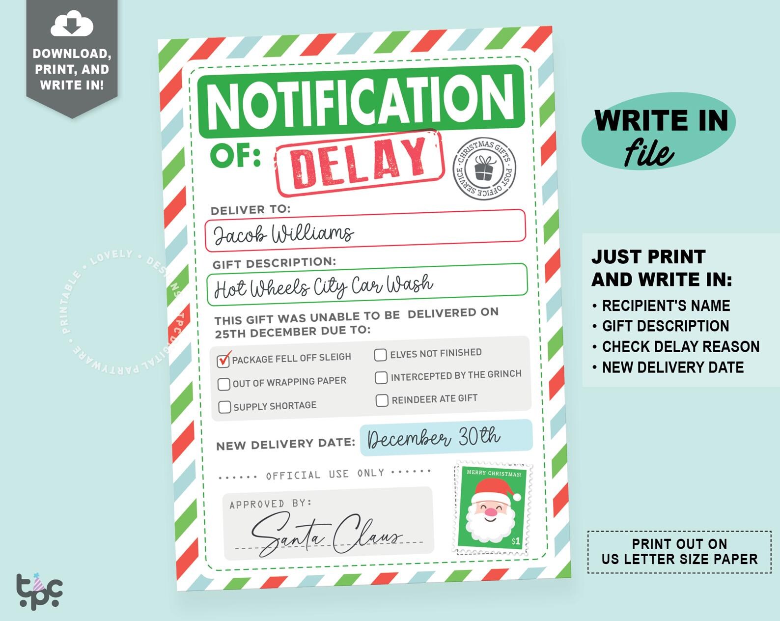 Late Gift Letter From Santa, Editable Notification of Delay Christmas ...