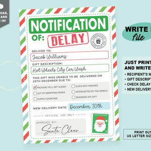 Late Gift Letter From Santa, Editable Notification of Delay Christmas ...