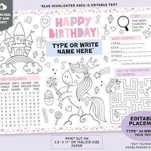 Editable Unicorn Party Coloring Placemat | Printable Pink Rainbow ...