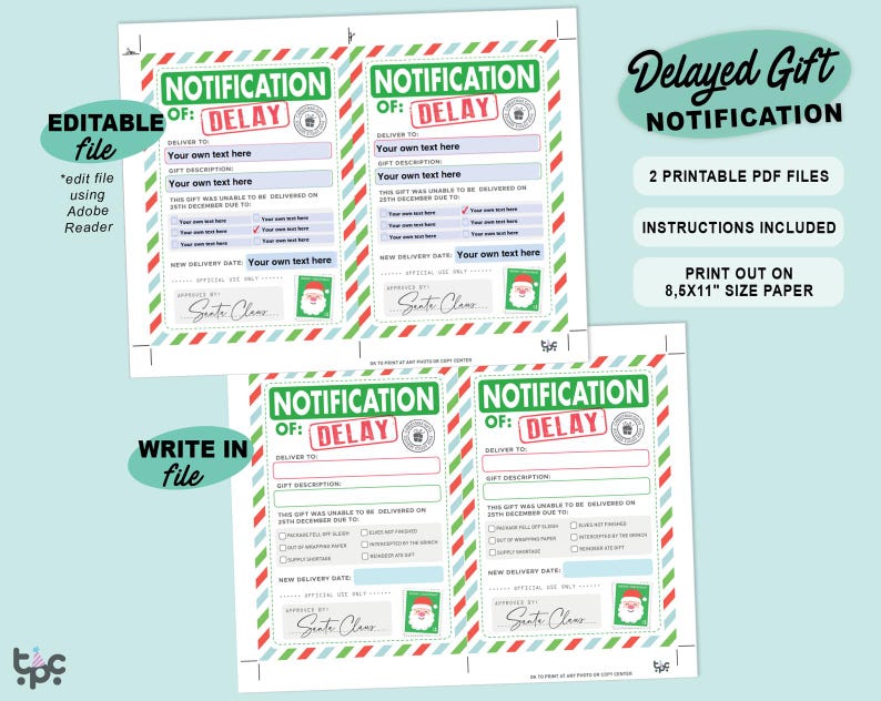 Late Gift Letter From Santa, Editable Notification of Delay Christmas ...