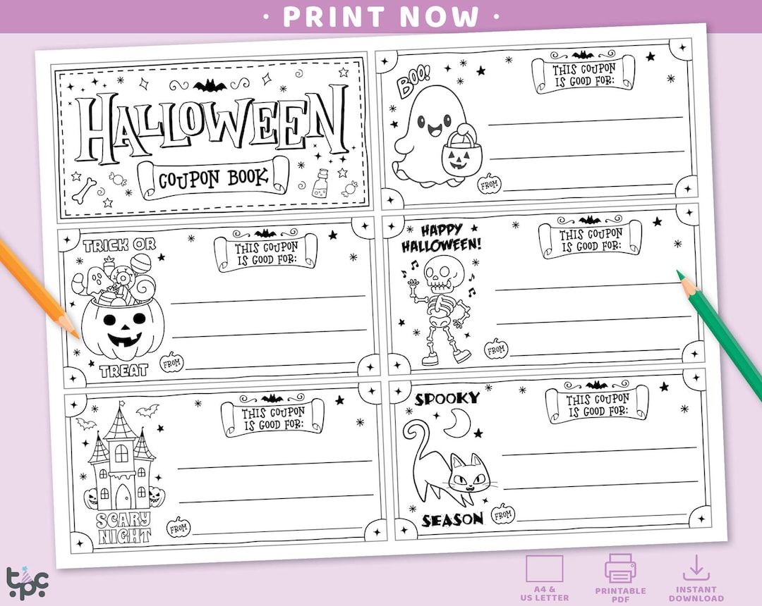 Halloween Coupon Book | Printable Kids Gift Ticket Coloring Page | Fill ...