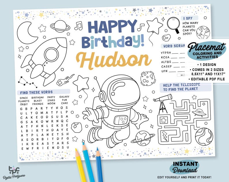 Editable Outer Space Party Placemat | Printable Planets Rocket Ship ...