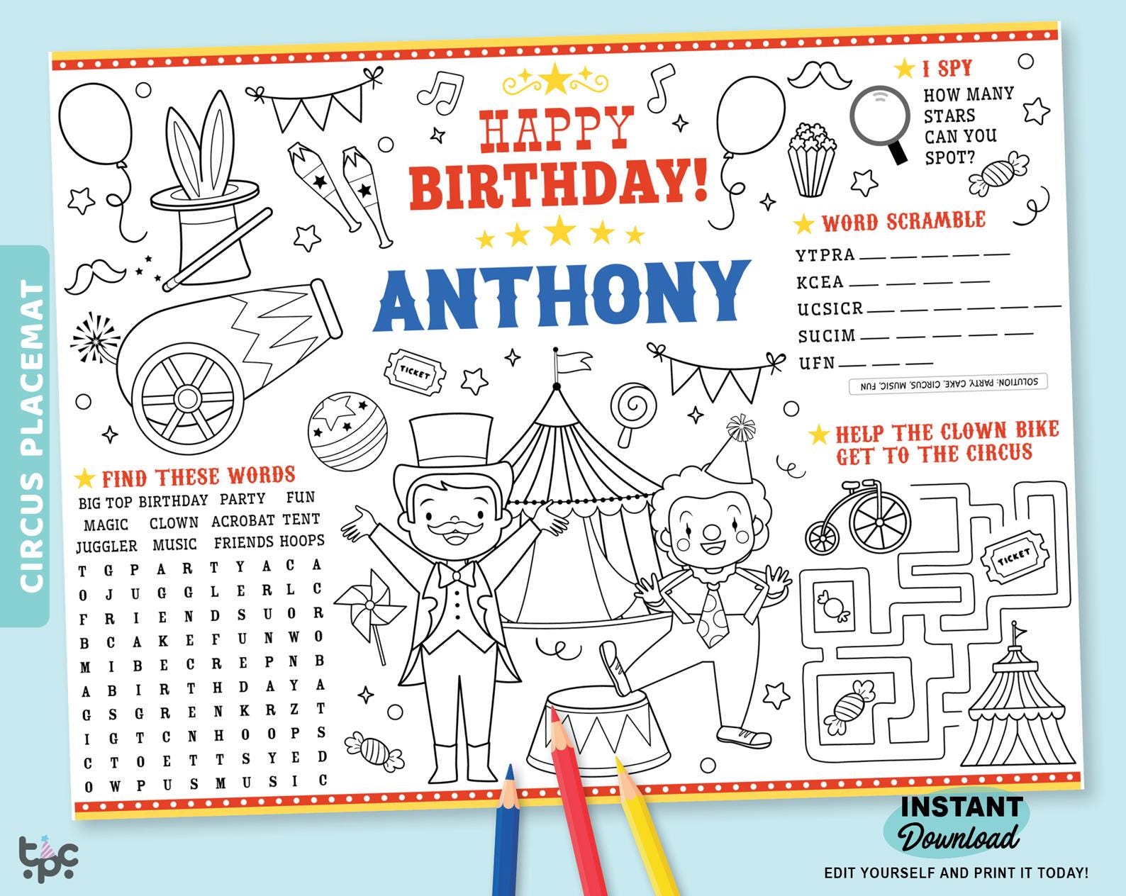 Editable Circus Birthday Party Placemat | Printable Kids Carnival Party ...