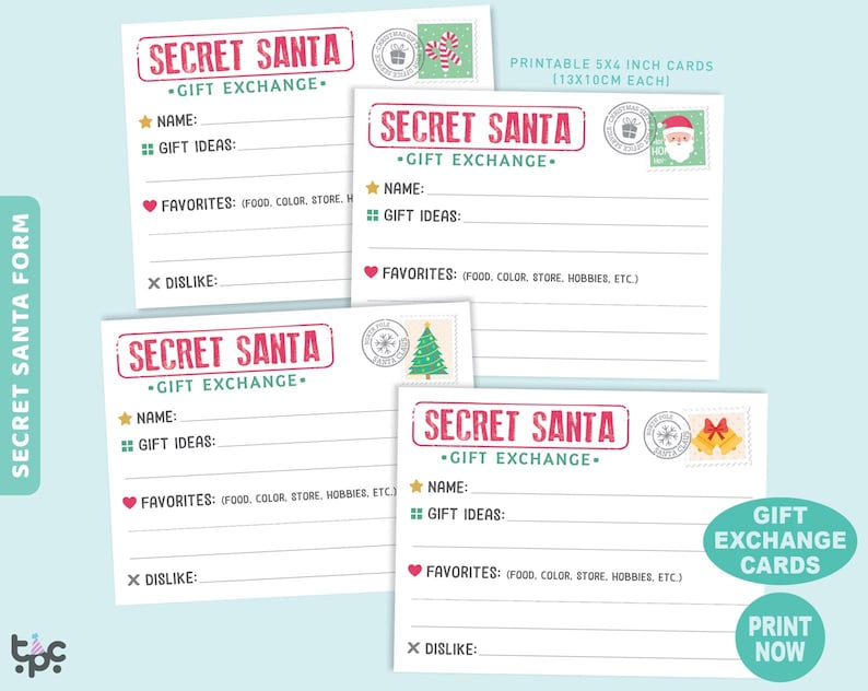 SECRET SANTA Gift Exchange Cards Printable | Christmas Gift List for ...