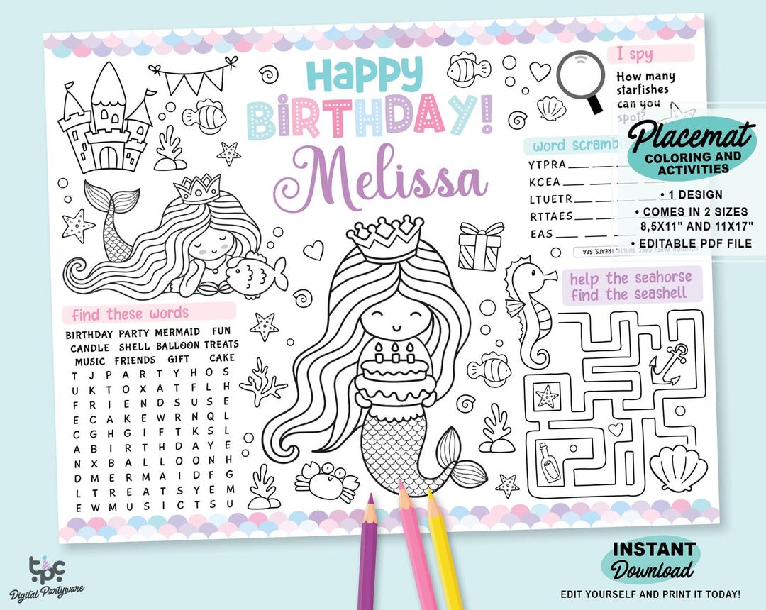 Editable Mermaid Party Placemat | Printable Under the Sea Birthday ...