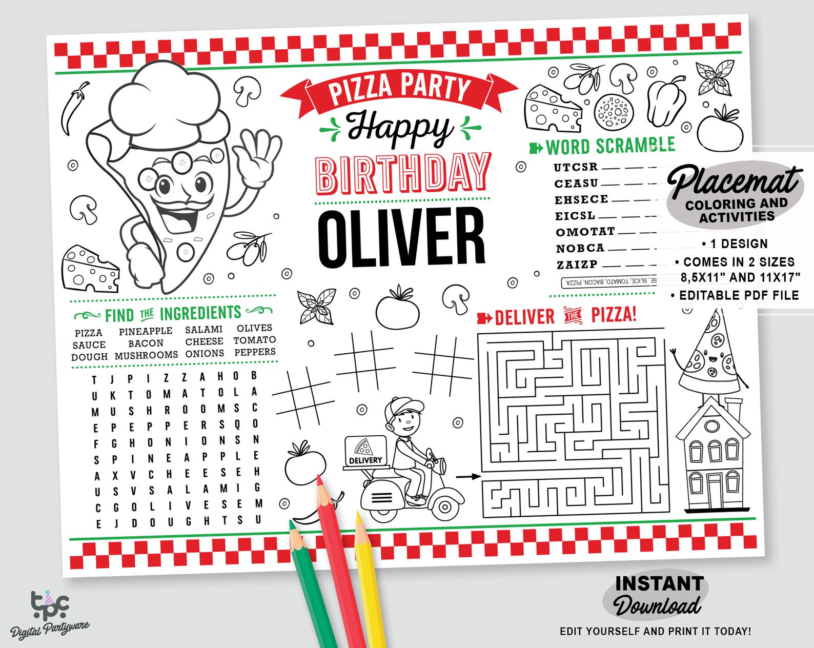 Editable Pizza Party Placemat | Printable Italian Dinner Party Coloring ...