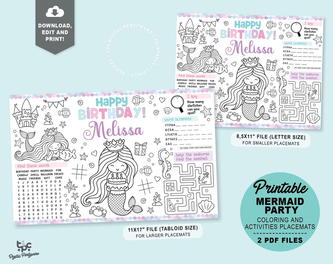 Editable Mermaid Party Placemat | Printable Under the Sea Birthday ...